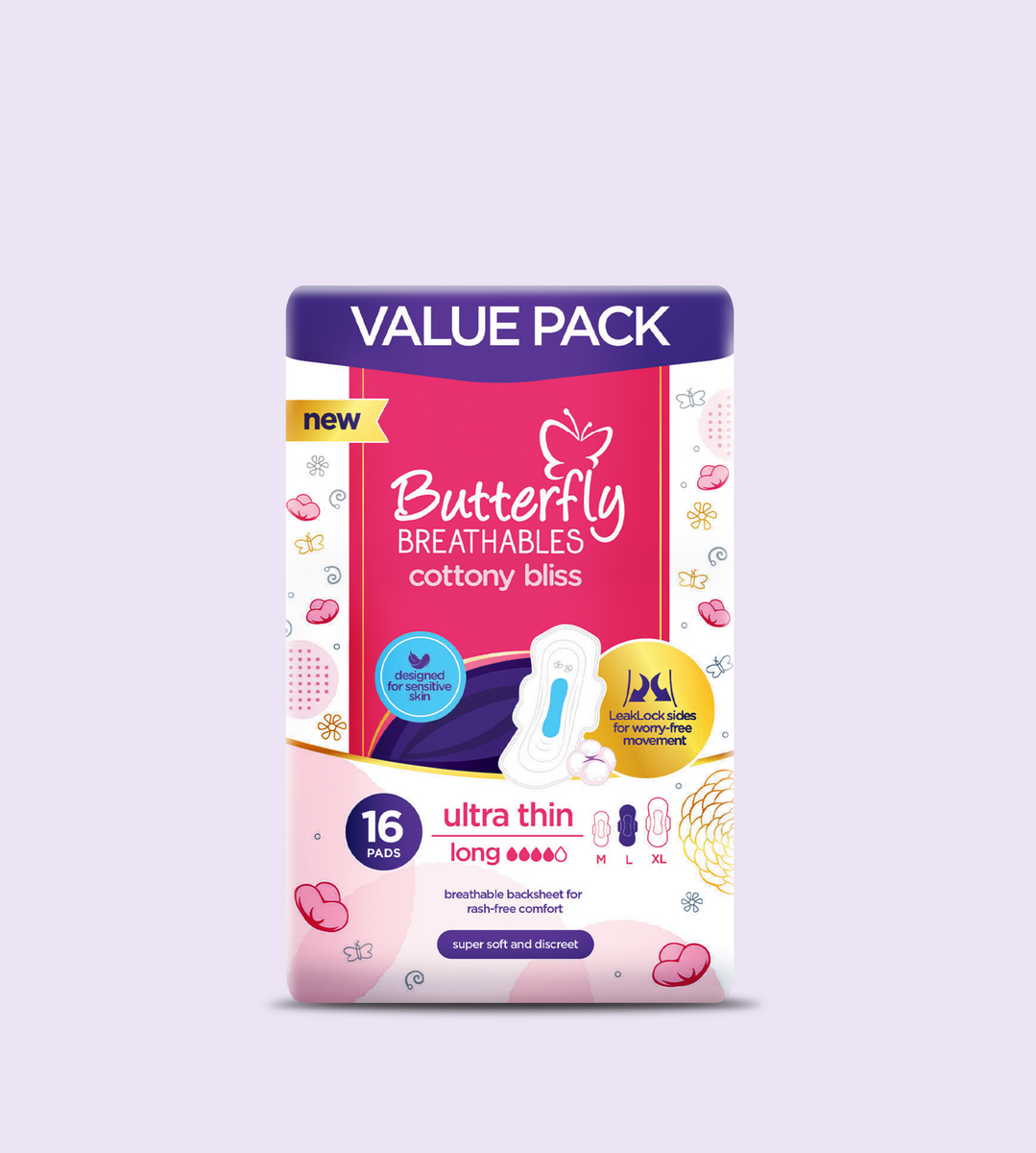 Butterfly Breathables Ultra-Thin Cottony Sanitary Pads Long Value Pack ...